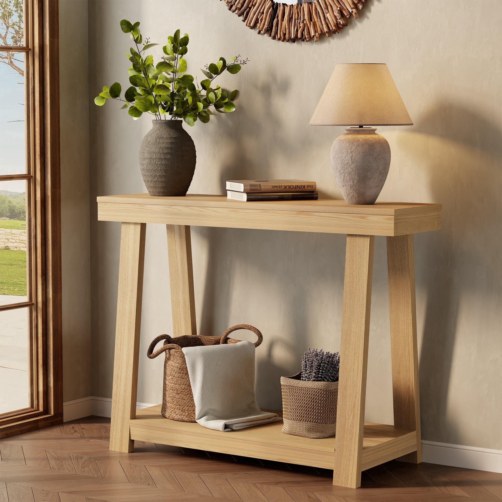 43.5" Modern Oak Console Table with Thick Top & 2-Tier Open Storage ...