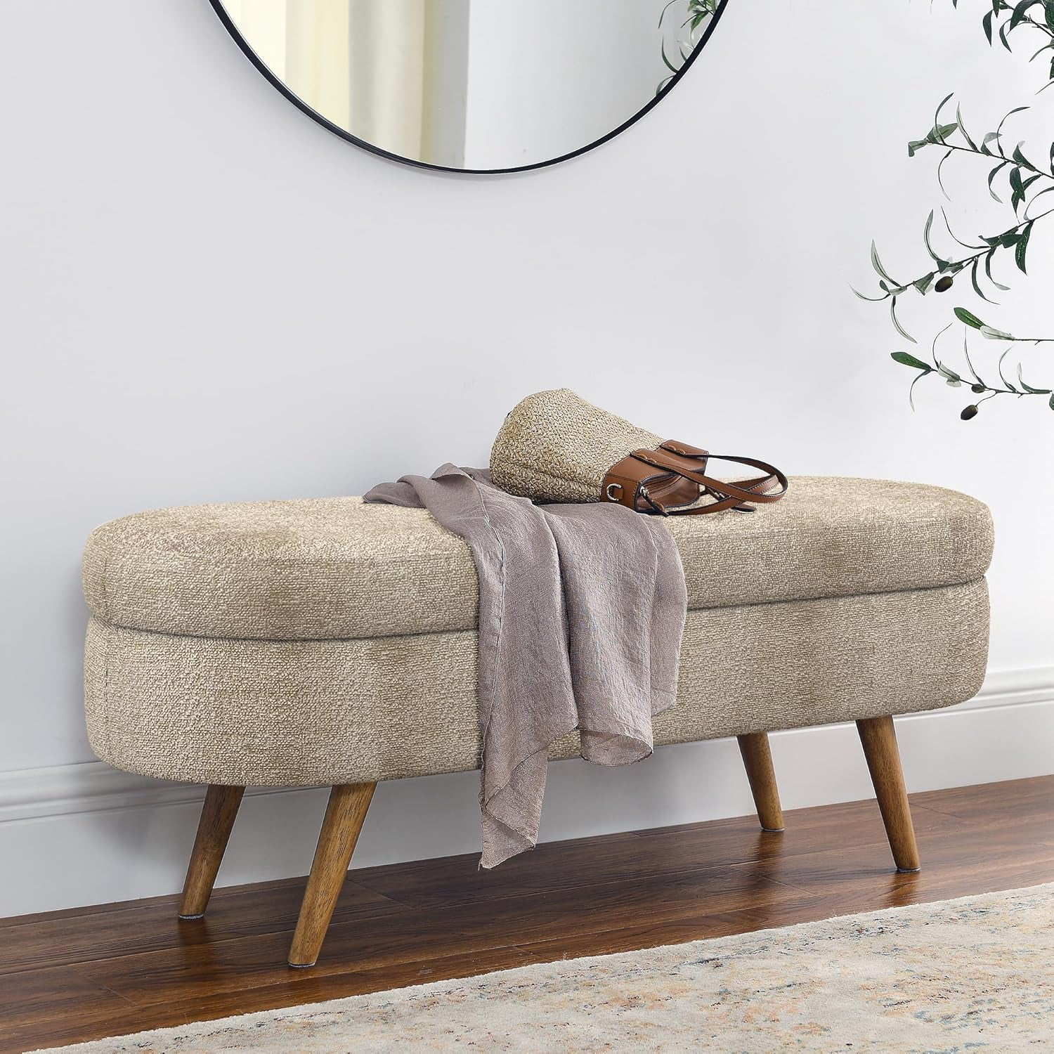 43.5" Oval Entryway Storage-Bench, Linen Upholstered Storage Ottoman ...