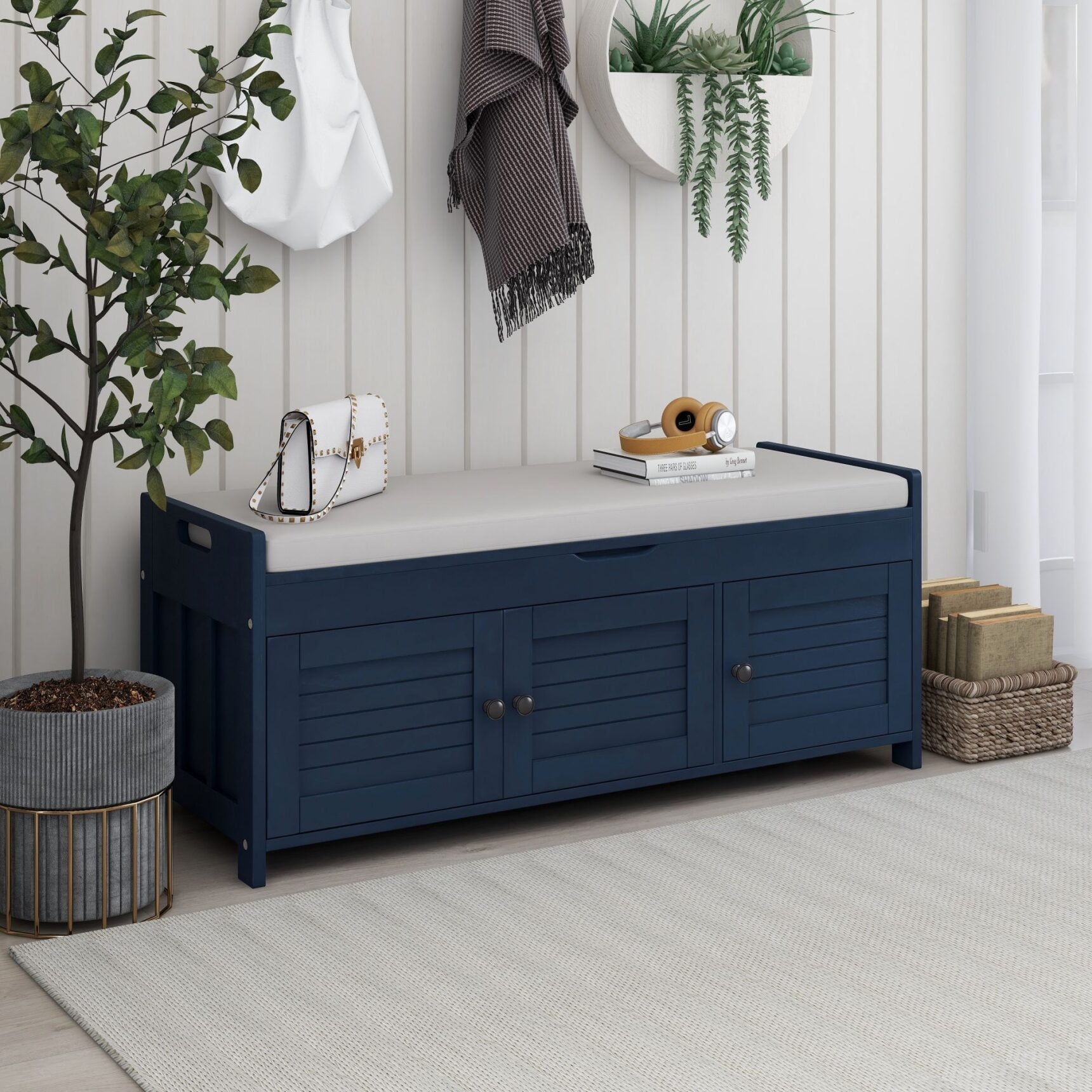 43.5''Storage Bench, Shoe Bench with 3 Shutter-shaped Doors, Rustic ...