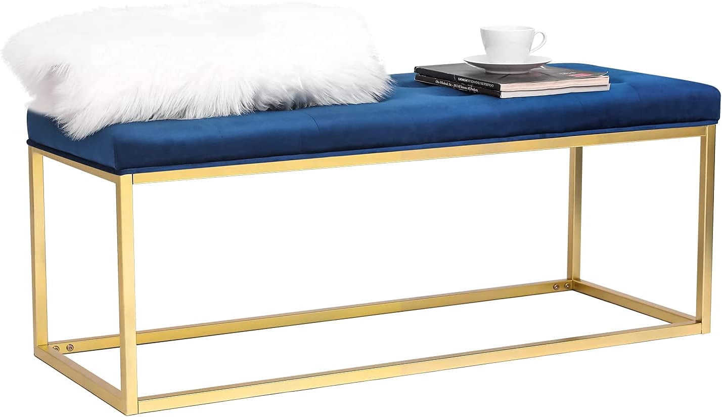 43.7" Dark Blue Velvet Upholstered Metal Base Bench, Bedroom Bench for ...