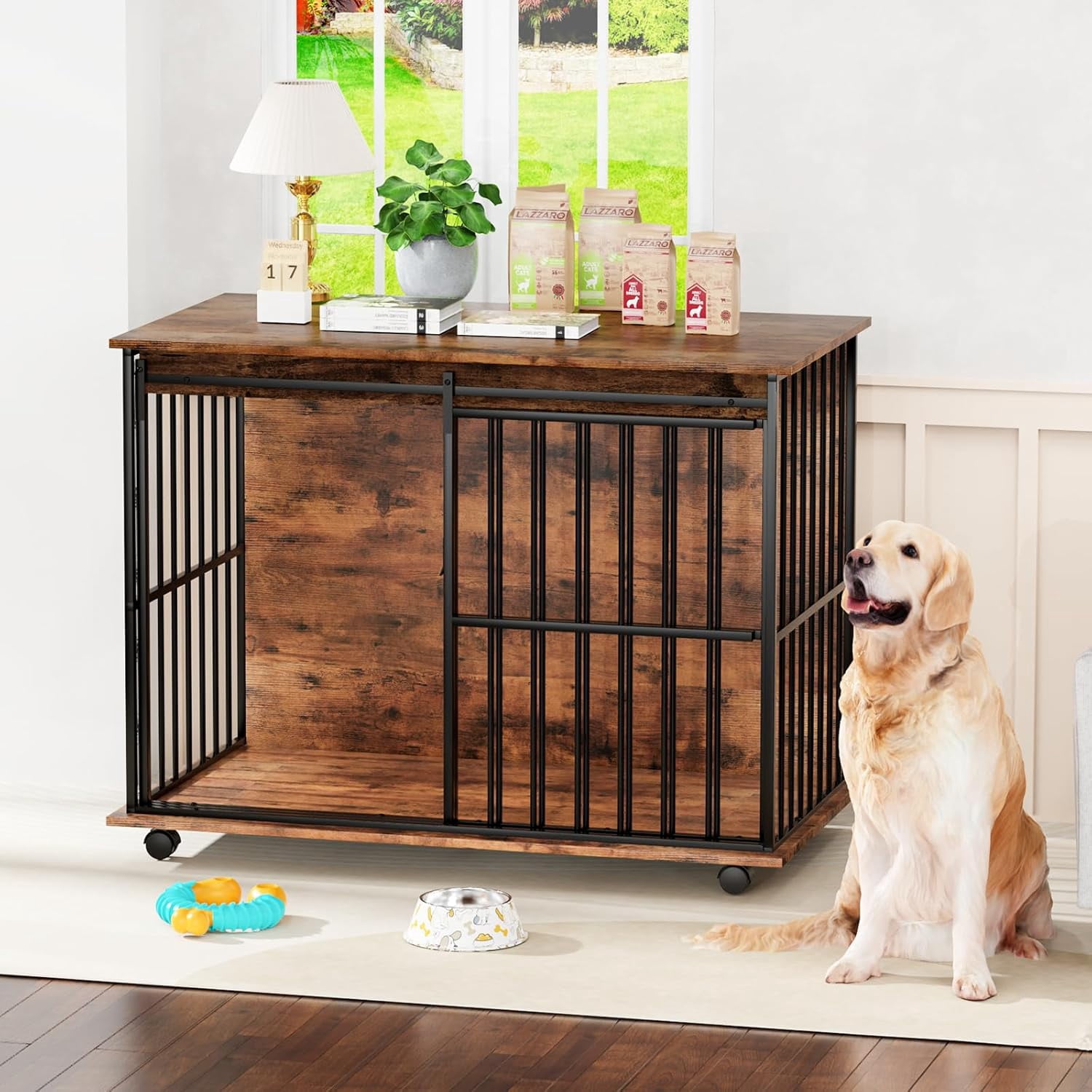 43.7" Dog Crate Furniture, XL Dog Crate Dog Kennel Indoor with Wheels ...