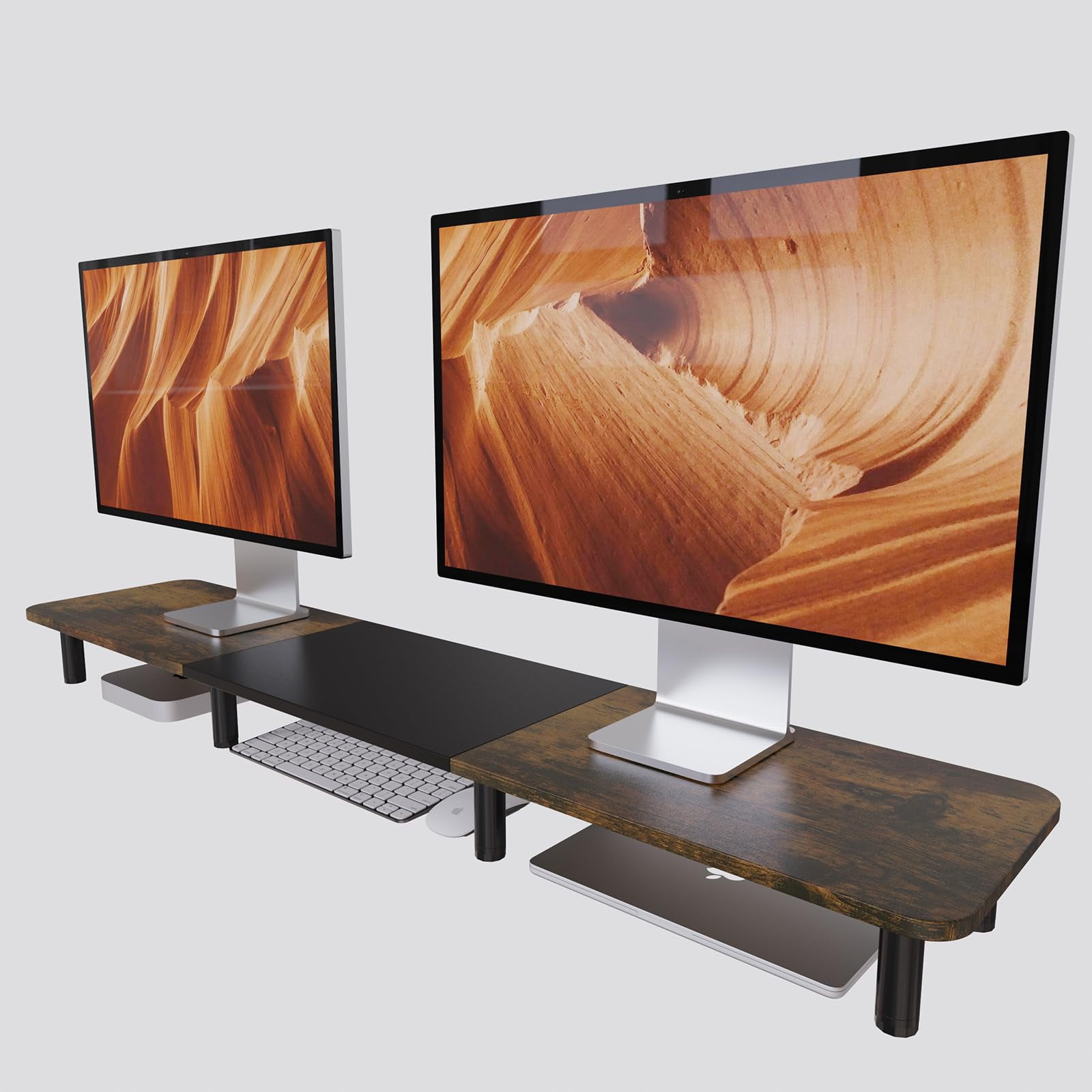 43.7" Extra Long Dual Monitor Stand Riser, Wood & Steel Monitor Stand ...