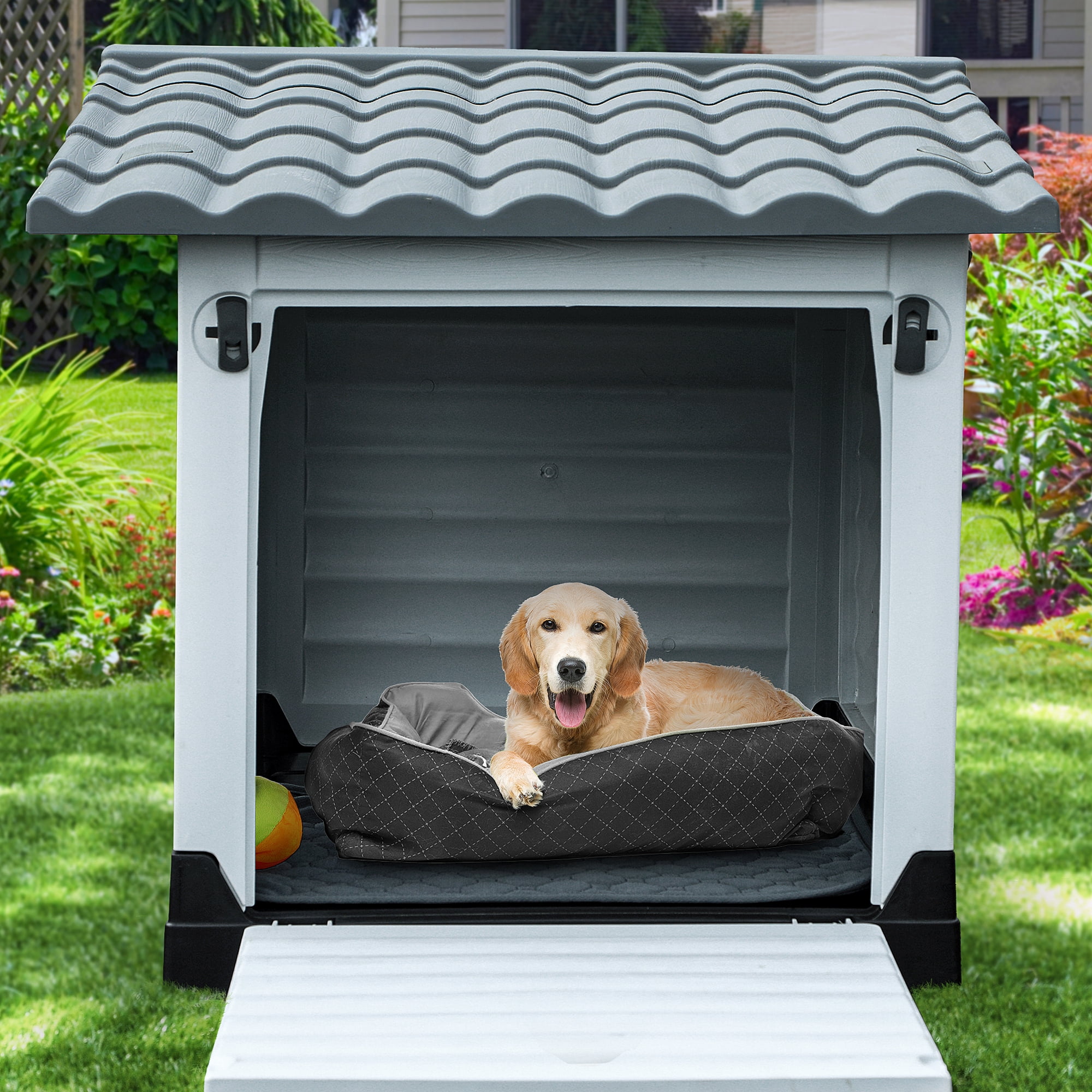 43.7'' Large Double Door Dog House with Porch & Cushion, Outdoor ...