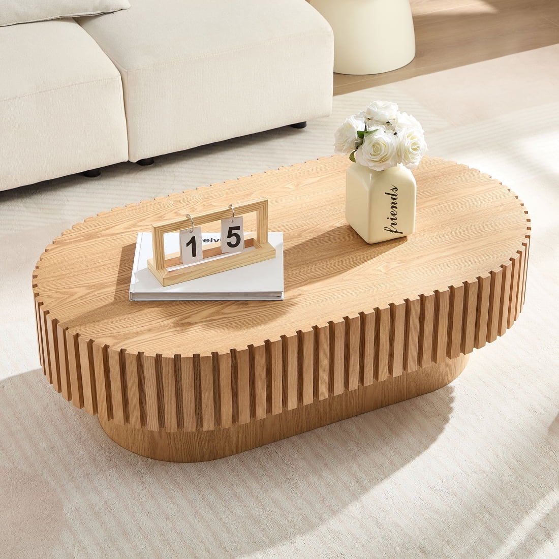 43.7" Oval Coffee Table with Handcrafted Relief, Sturdy Pedestal Wooden ...