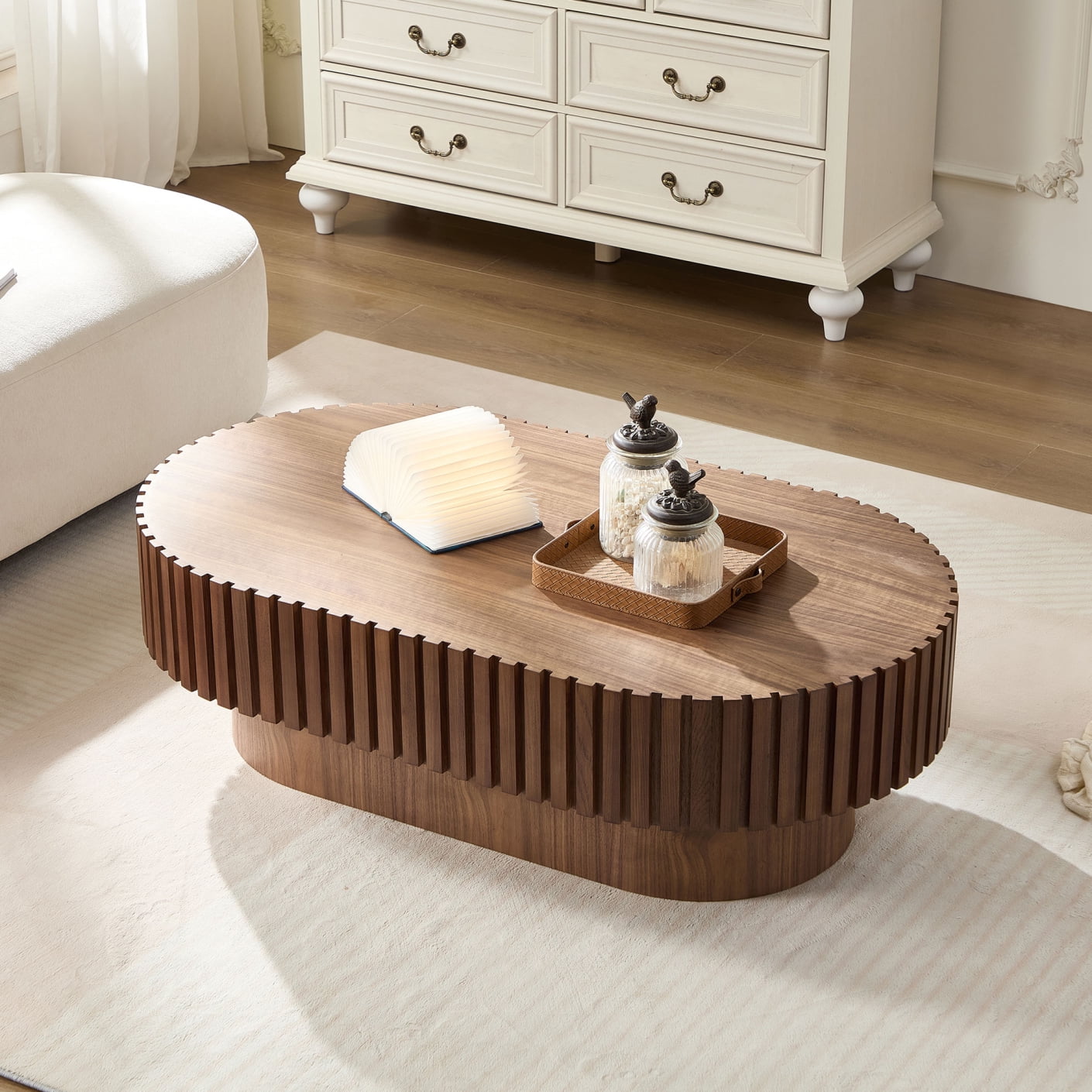 43.7" Oval Coffee Table with Handcrafted Relief, Sturdy Pedestal Wooden ...