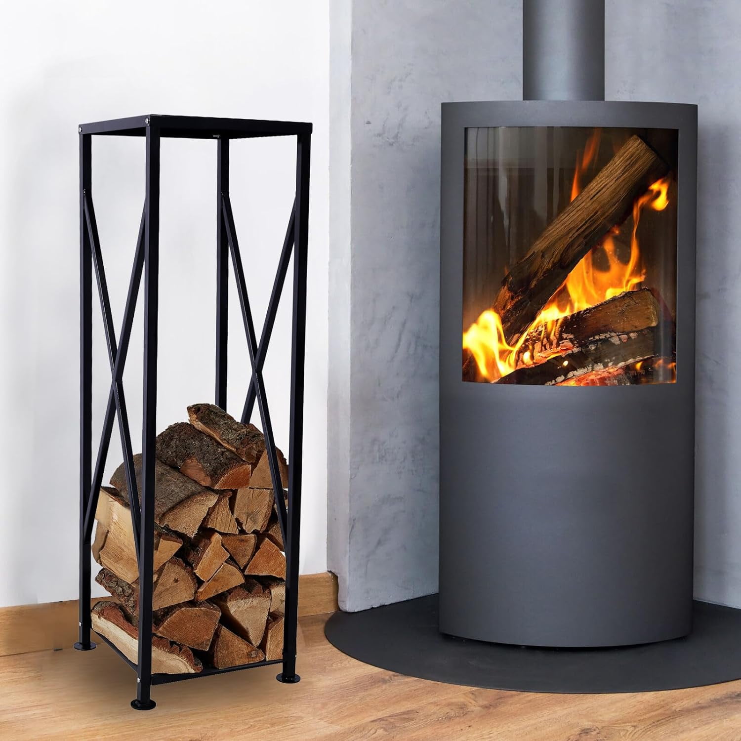 43.7’’Tall Firewood Rack Steel Fireplace Storage Log Rack Holder Wood ...