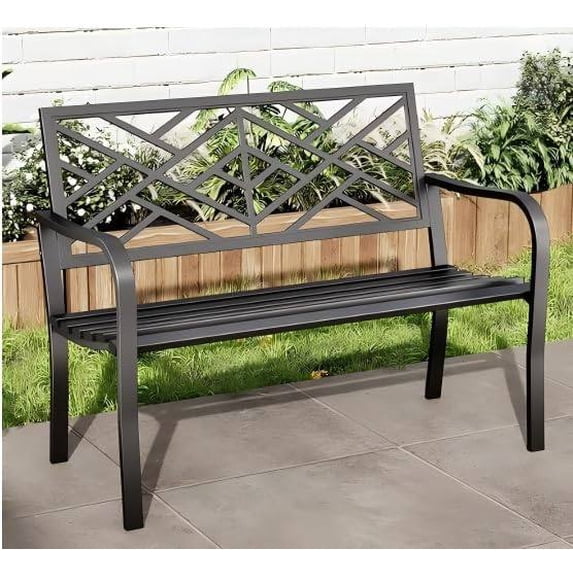 43.7 in Outdoor Cast Iron Patio Bench with Geometric Backrest, Black ...
