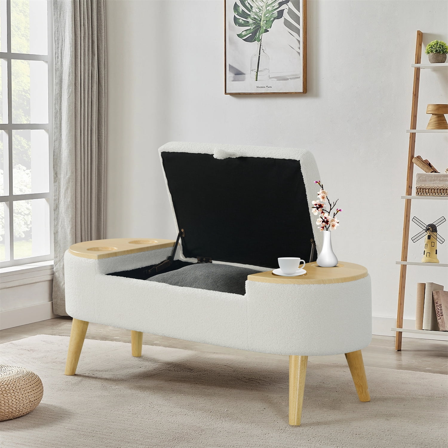 43.70" Oval Storage Ottoman, Teddy Wool Upholstered Entryway Bench with ...