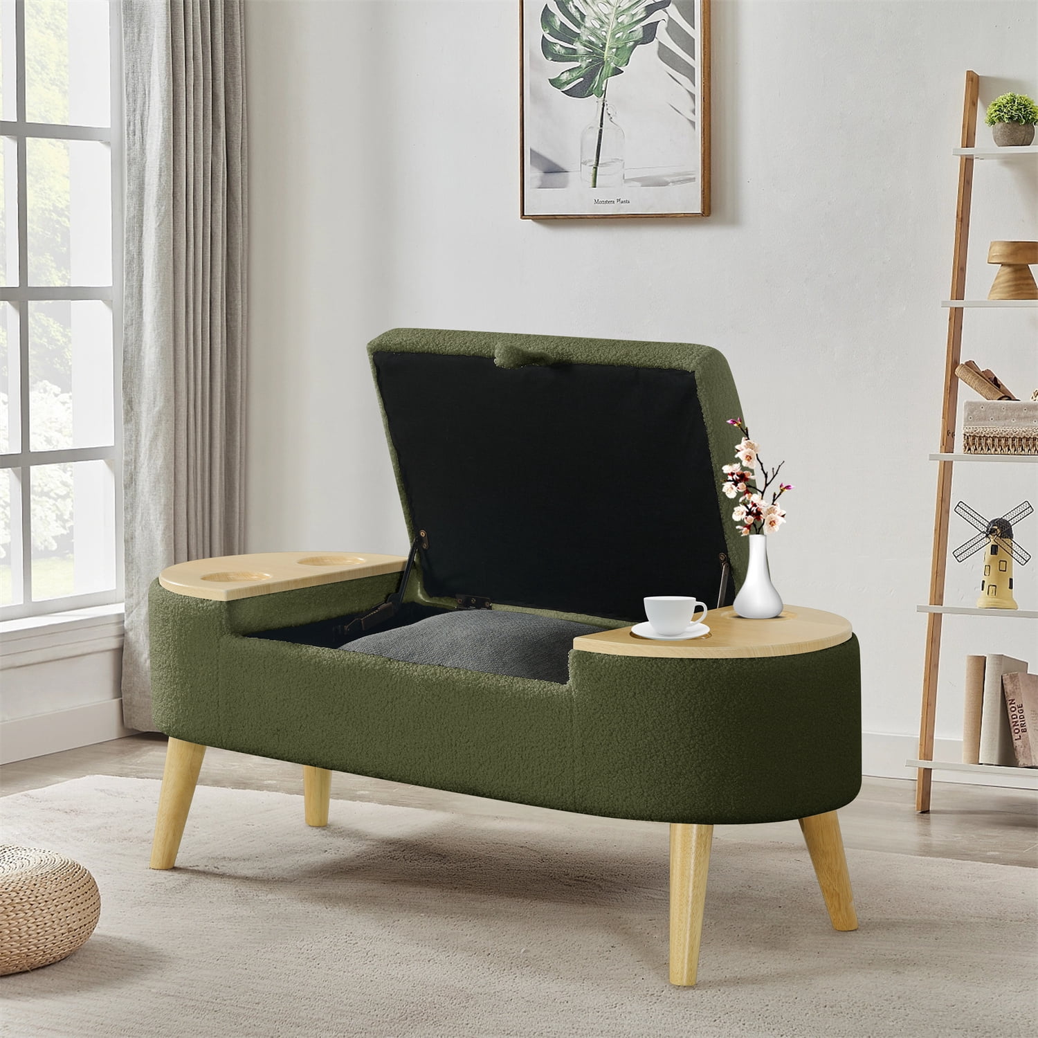 43.70" Oval Storage Ottoman, Teddy Wool Upholstered Entryway Bench with ...