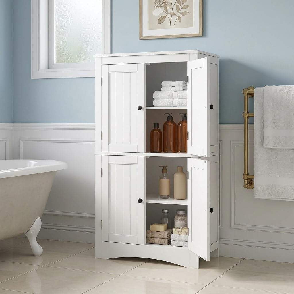 43" Bathroom Storage Cabinet with Adjustable Shelves, 4 Magnetic Doors ...