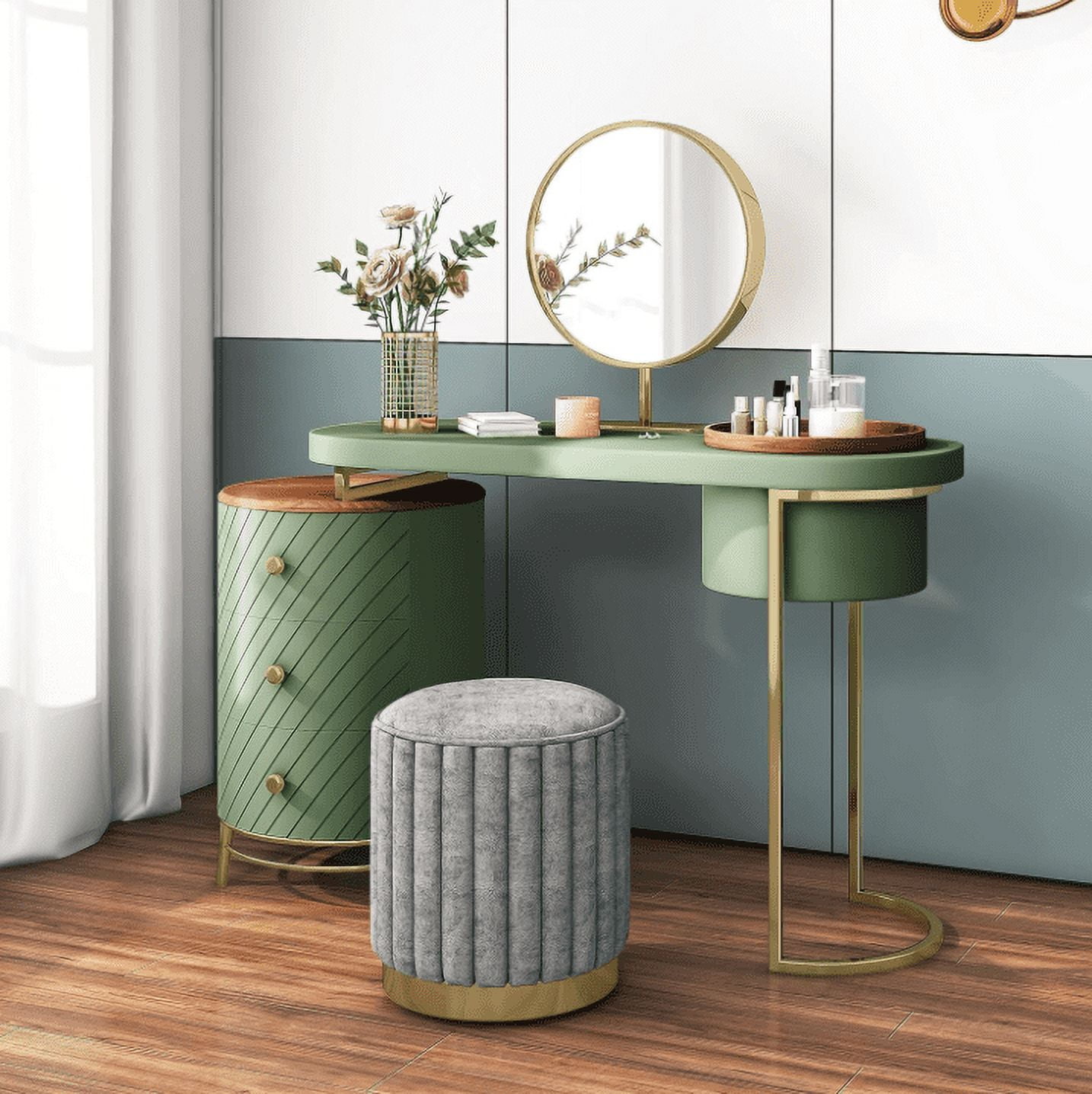 43" Elegant Green Makeup Vanity Table with LED Lighted Mirror and Solid ...