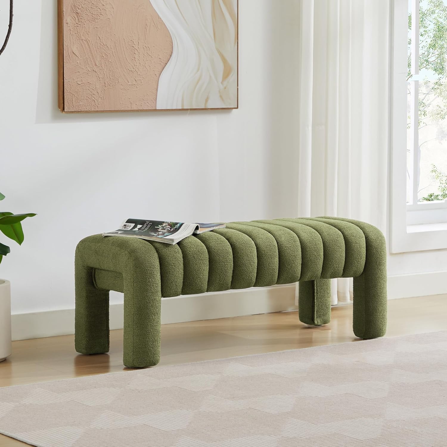 43’’ End of Bed , Modern Boucle Entryway , Upholstered Ottoman Stool ...