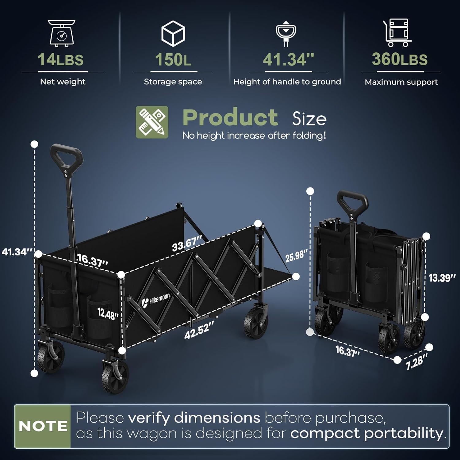 43'' Extra Long Collapsible Wagon with Extended Tailgate, Heavy Duty ...