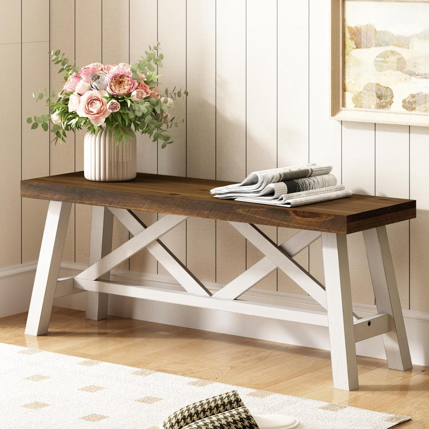 43" Farmhouse Wood Bench, Rustic Solid Wood Entryway Bench Seat with ...