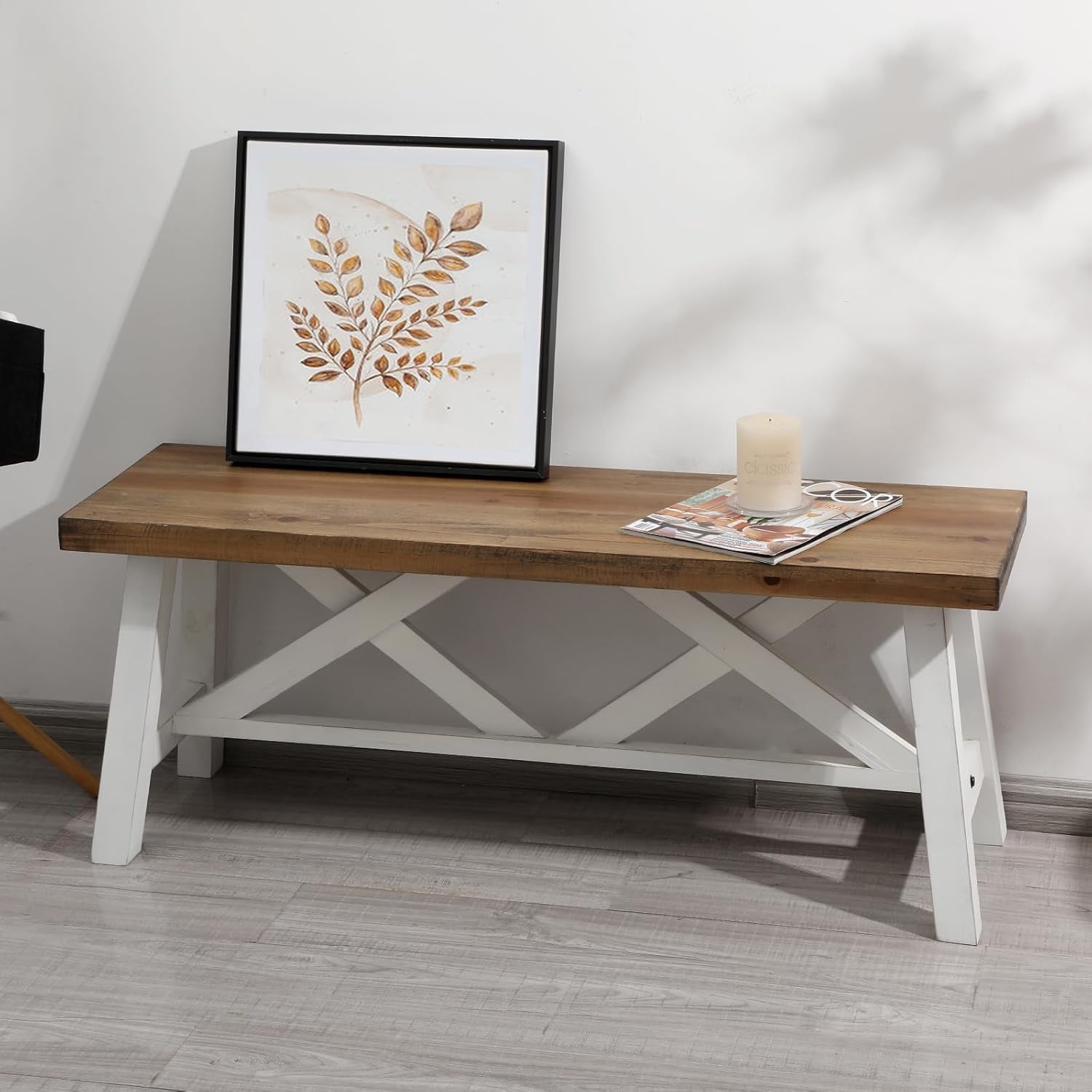 43" Farmhouse Wood Bench, Rustic Solid Wood Entryway Bench Seat with ...