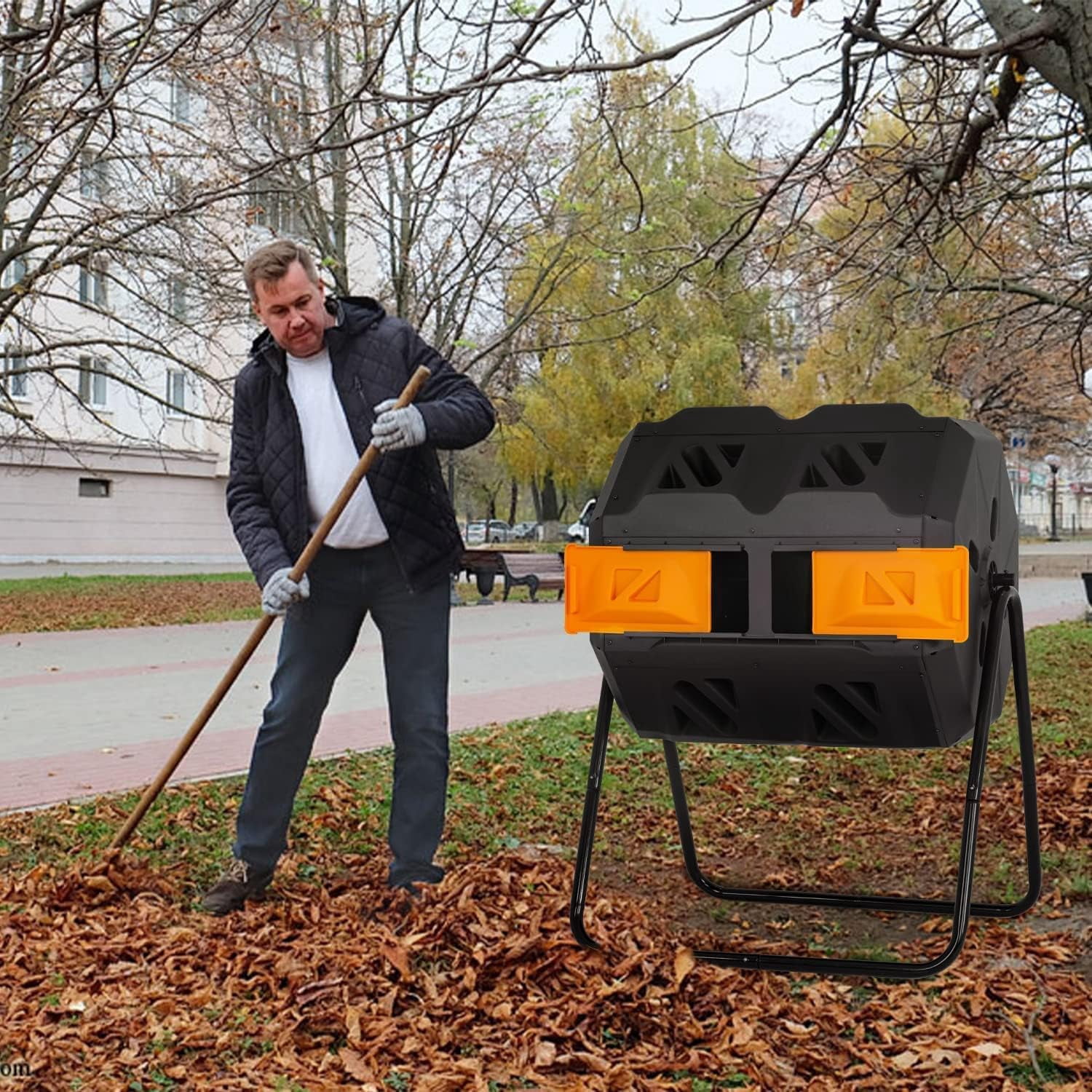 43 Gallon Compost Bin Outdoor With Dual Chamber Sliding Doors, Tumbling ...