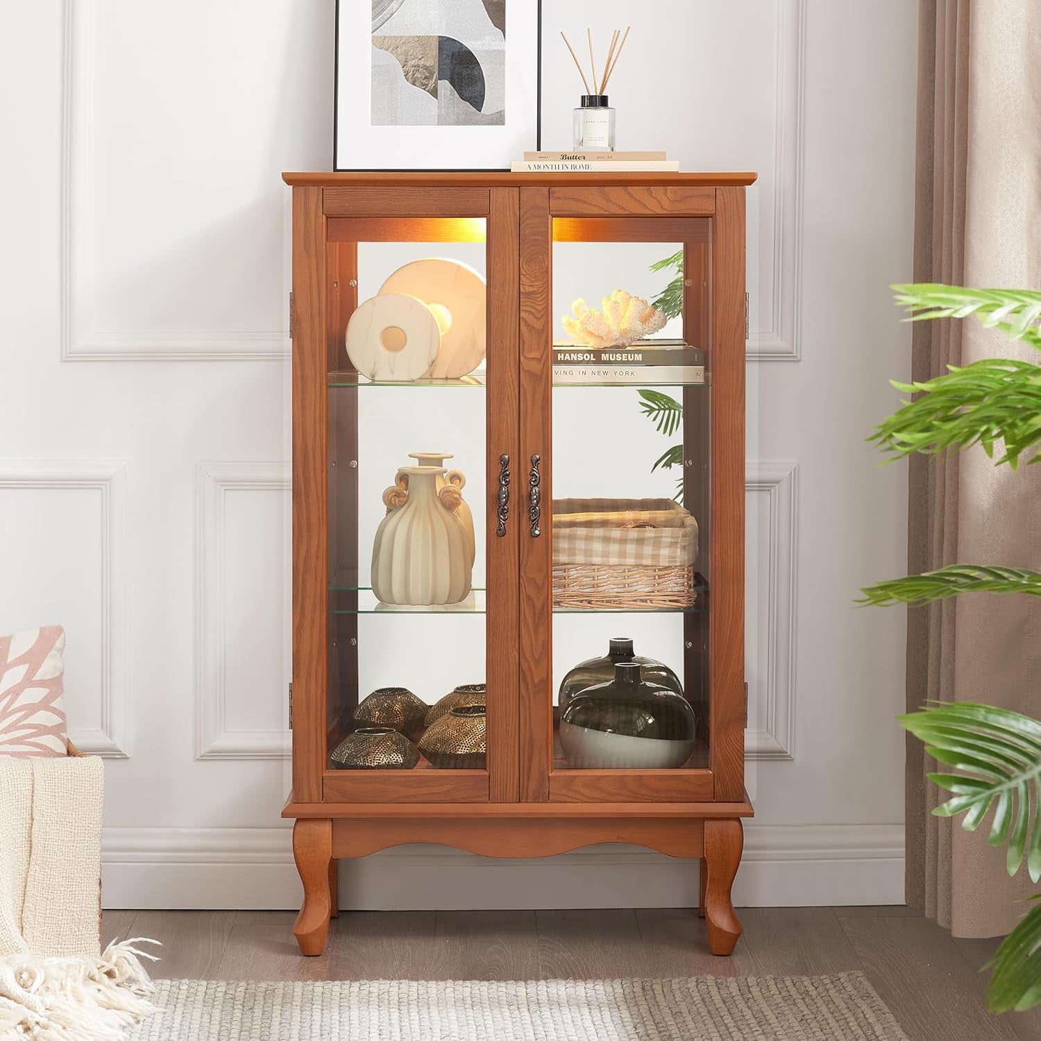43" H Lighted Curio Cabinet Display Case with Light Bulb, Glass Curio ...