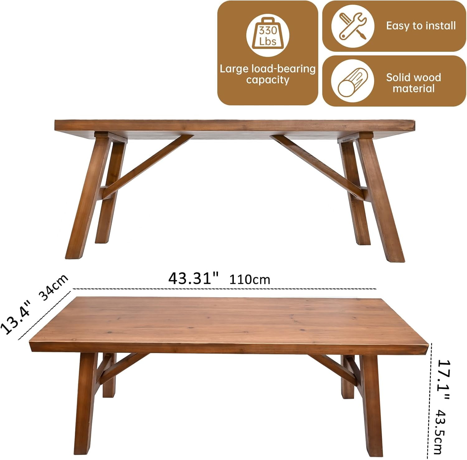 43" Handcrafted Solid Wood Bench - Farmhouse-Style Entryway Seating for ...