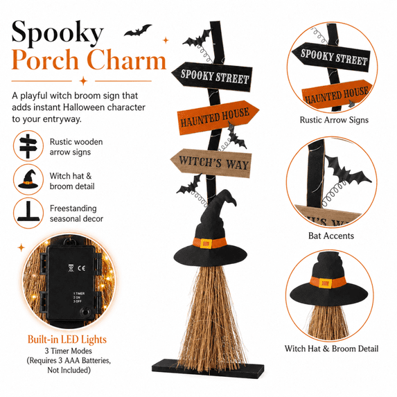 43 INCH LIGHTED HALLOWEEN WOODEN WITCH'S BROOM PORCH DECOR Battery ...