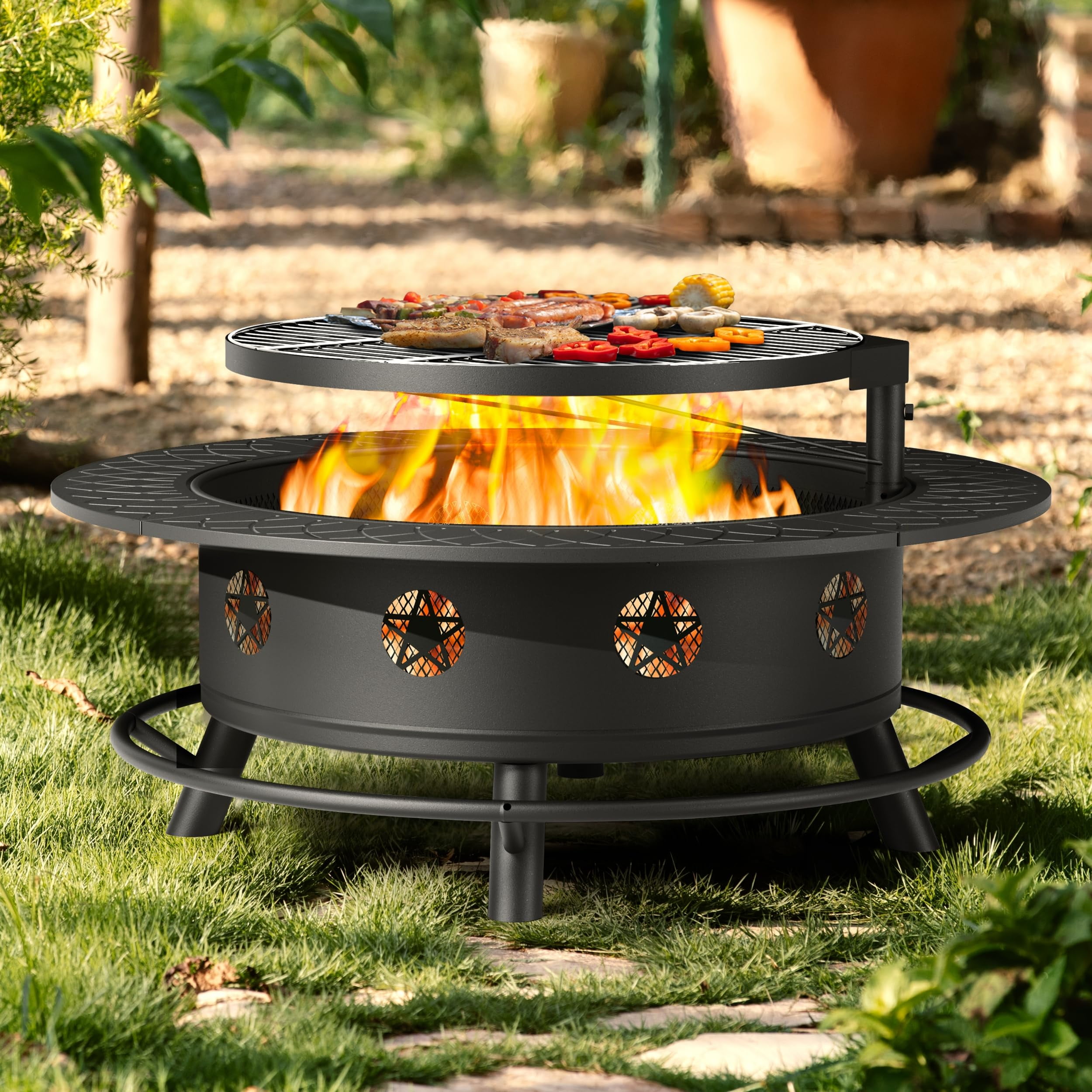 43 Inch Fire Pit with BBQ Grill, Wood Burning Fire Pits for Outside ...