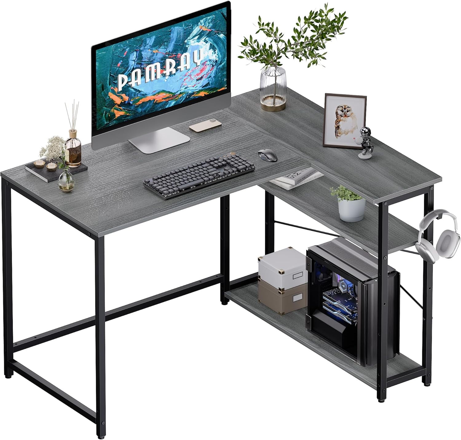43 Inch L Shaped Computer Desk with Reversible Side Storage Shelves ...
