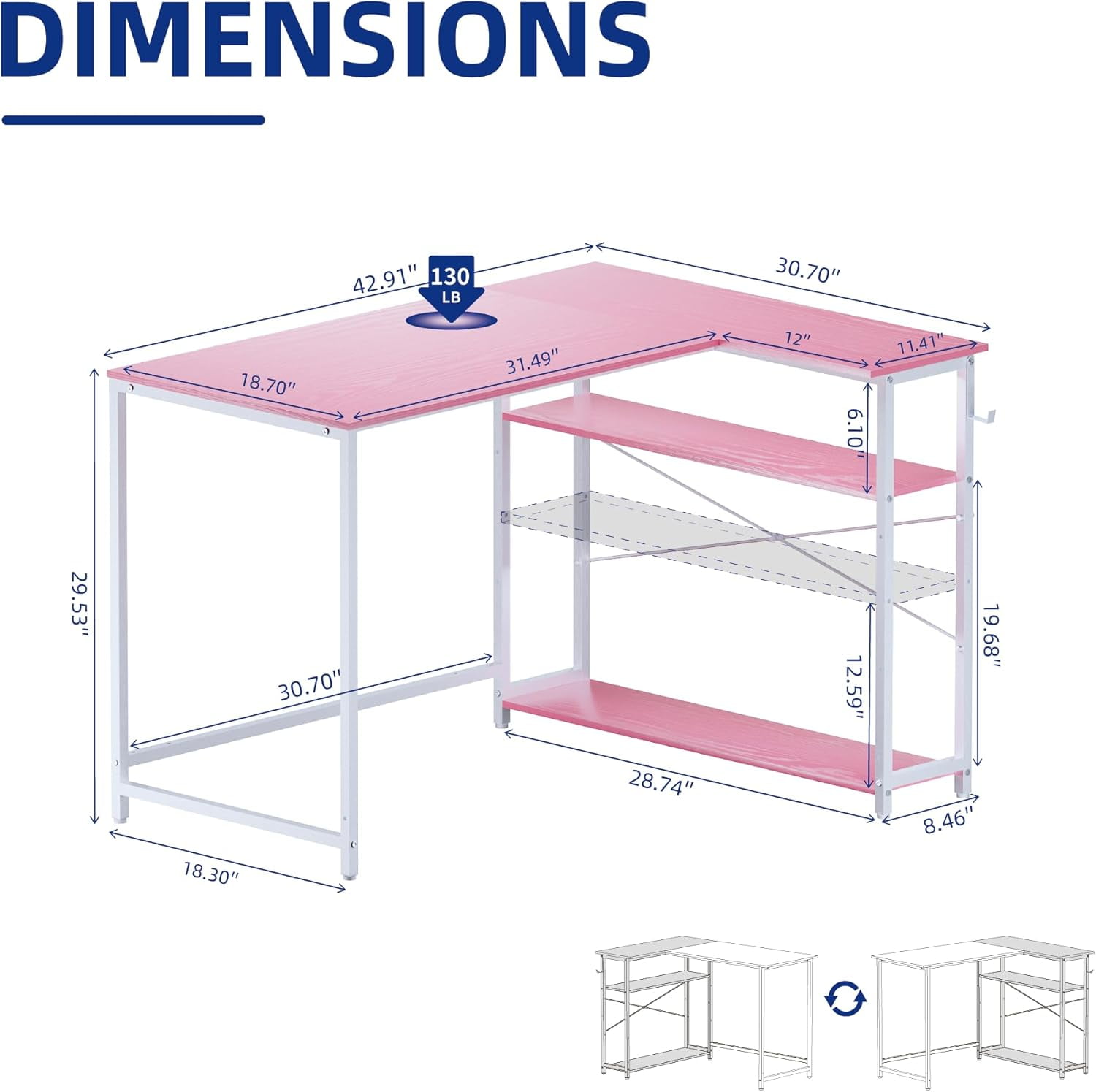 43 Inch L Shaped Computer Desk with Reversible Side Storage Shelves ...