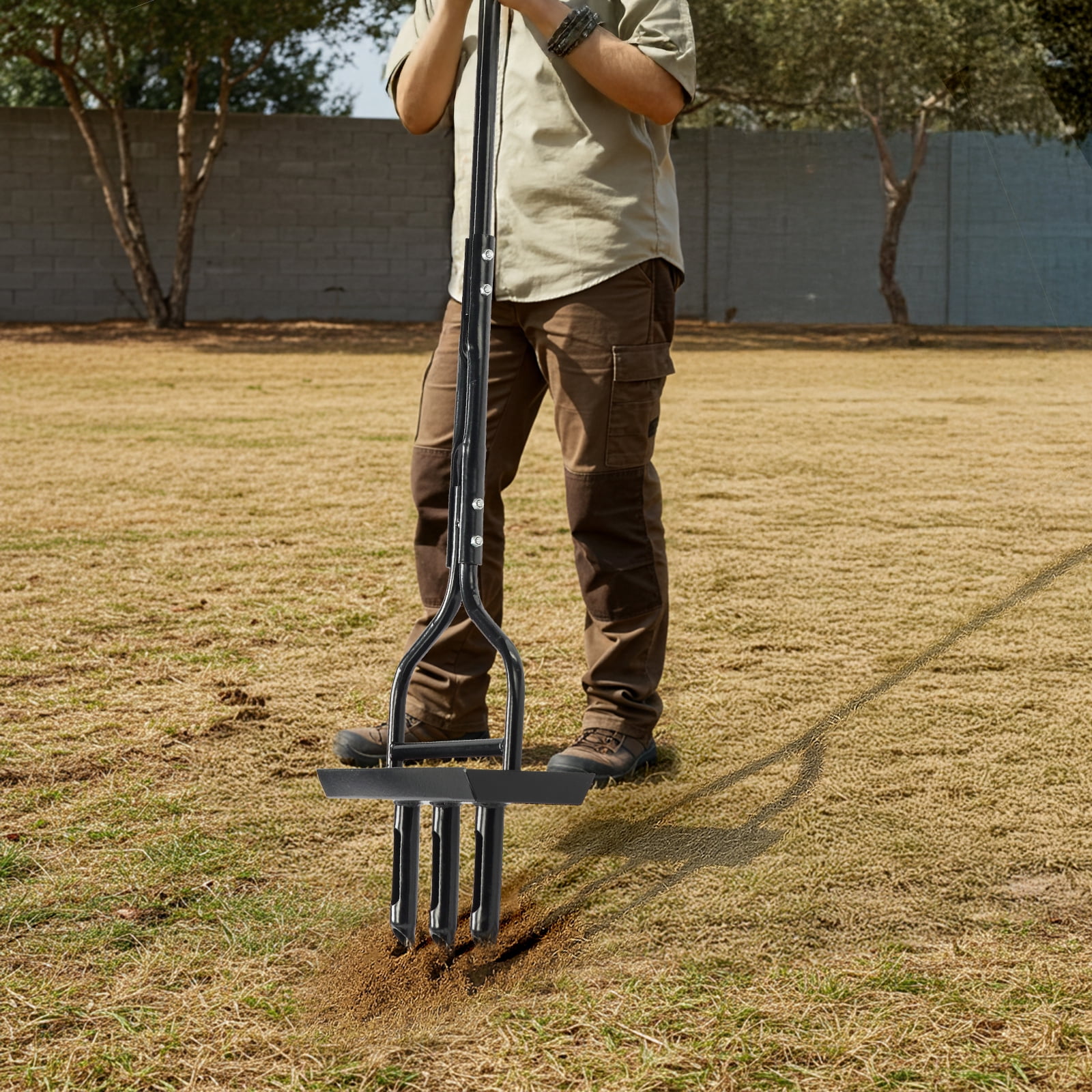 43-Inch Manual Lawn Aerator with Soil Core Tray & Cleaning Tool 3-Tine ...