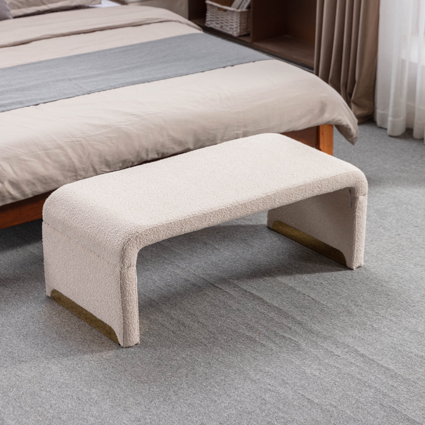 43 Inch Rectangle Ottoman Bench Beige Footstool, Linen Look Polyester ...