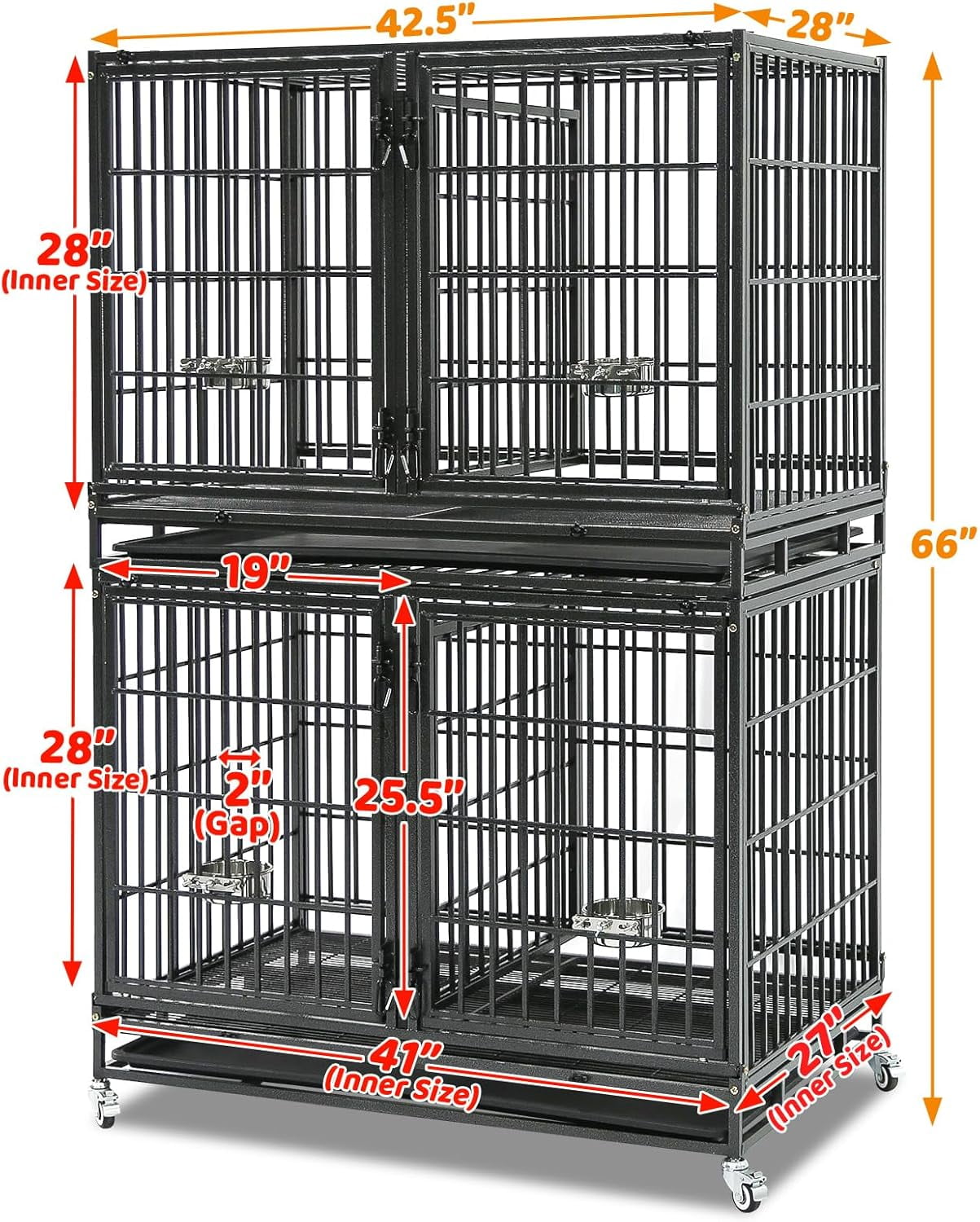 43 Inch Two Tiers Dog Crate Cage Kennel with Divider, Stackable Heavy ...