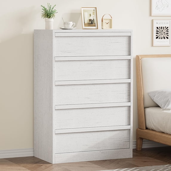 43 Inch White Five Drawer Bedroom Dresser, Compact Modern Storage Chest ...