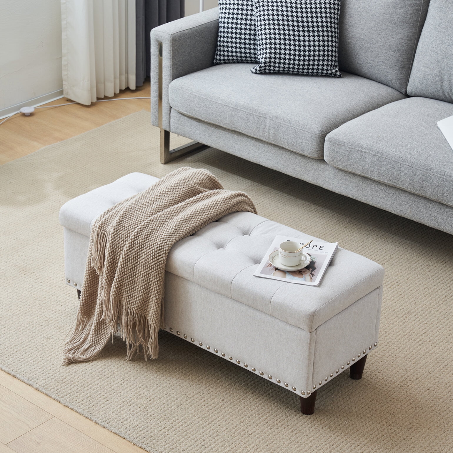 43 Inches Linen Upholstered Footstool with Storage Space, Storage ...