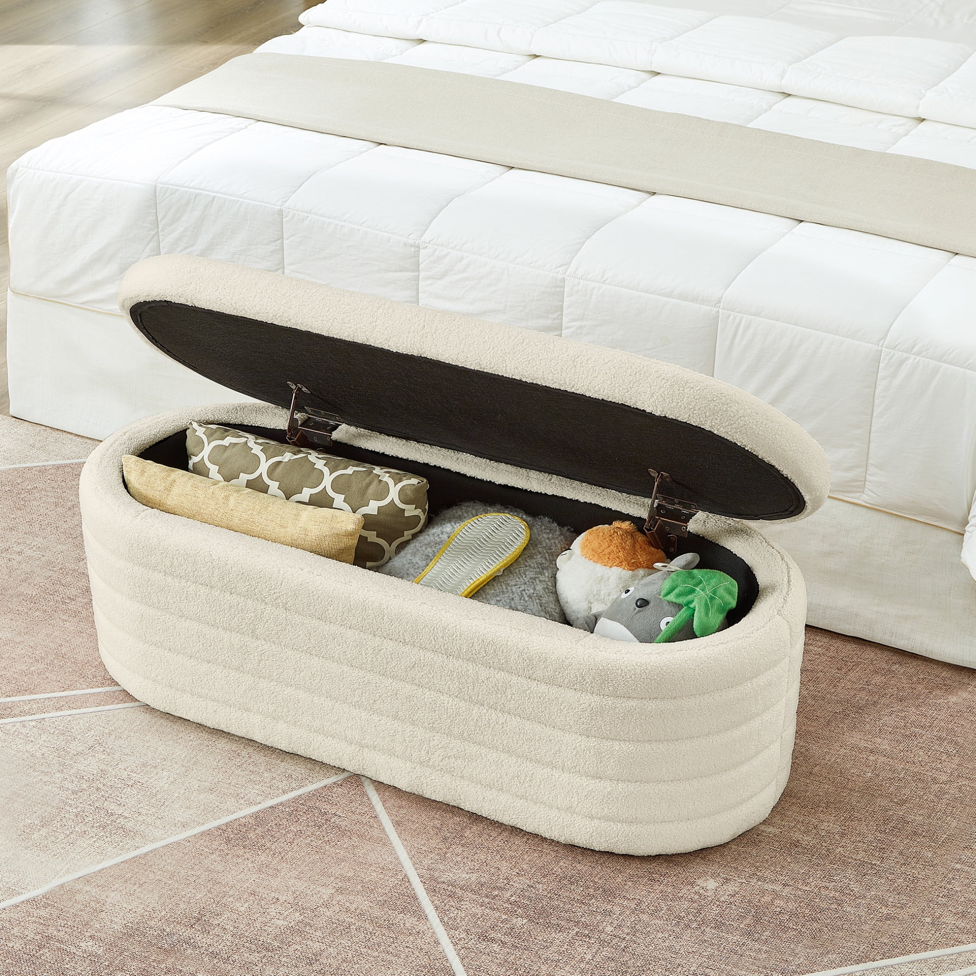 43 Inches Oval Storage Ottoman Bench, Modern Teddy Storage Bench with ...