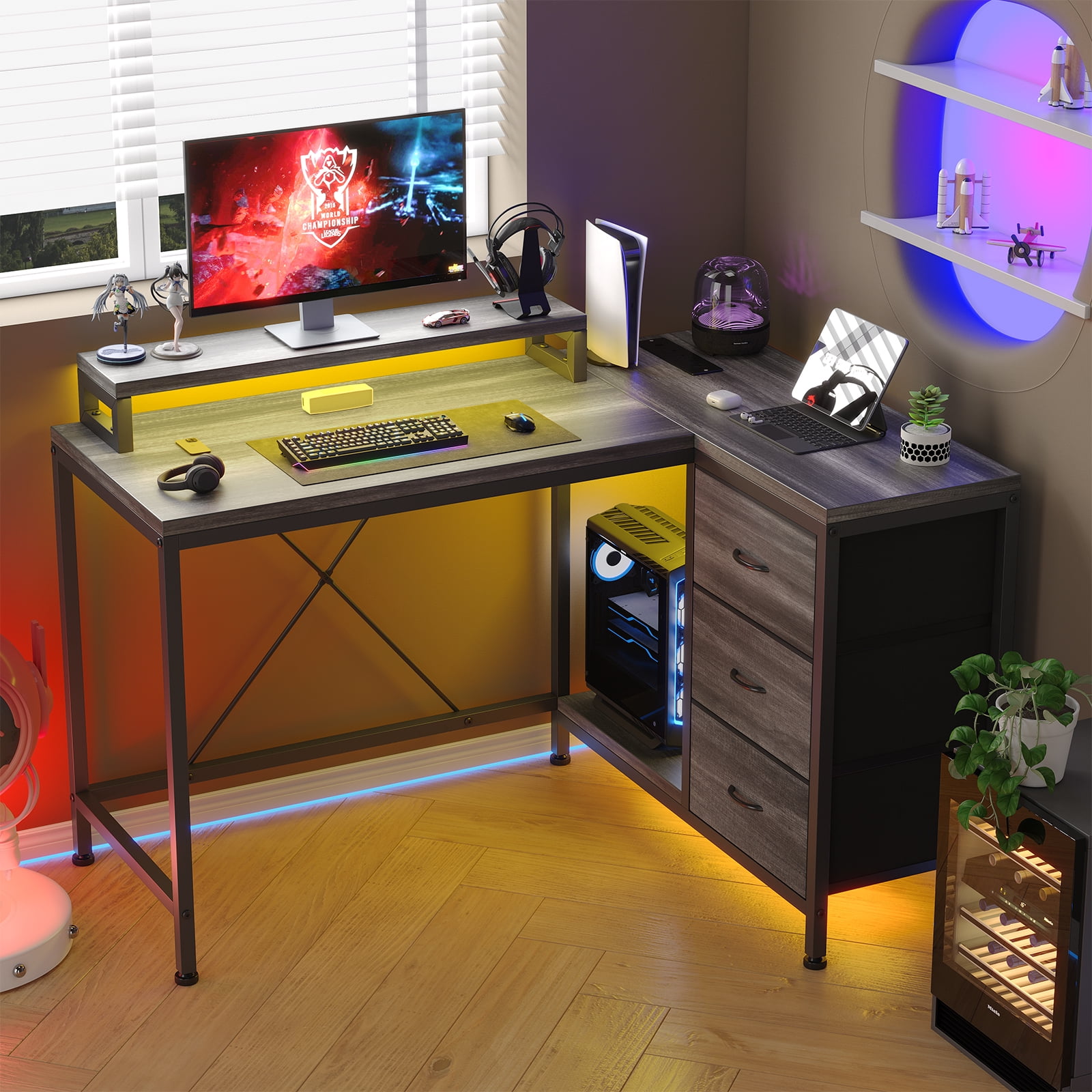 43" L-Shaped Desk with Power Outlets & LED Lights, Computer Desk with ...