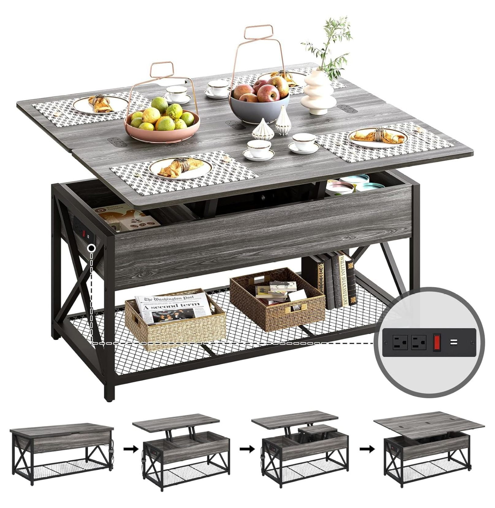 43" Lift Top Coffee Table with Charging Station, 4 in 1 Coffee Tables ...