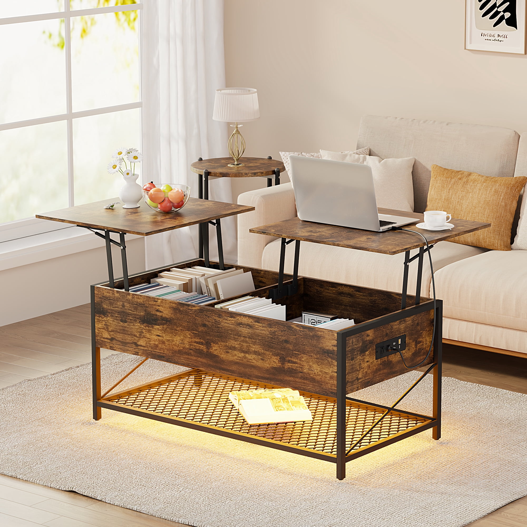 43" Lift Top Coffee Table with Power Outlets,3-Color Dimmable LED ...