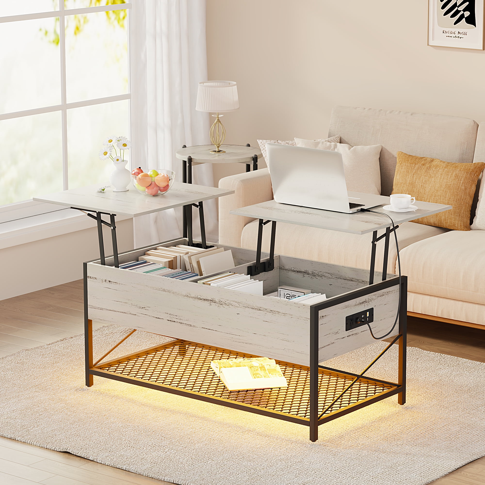 43" Lift Top Coffee Table with Power Outlets,3-Color Dimmable LED ...