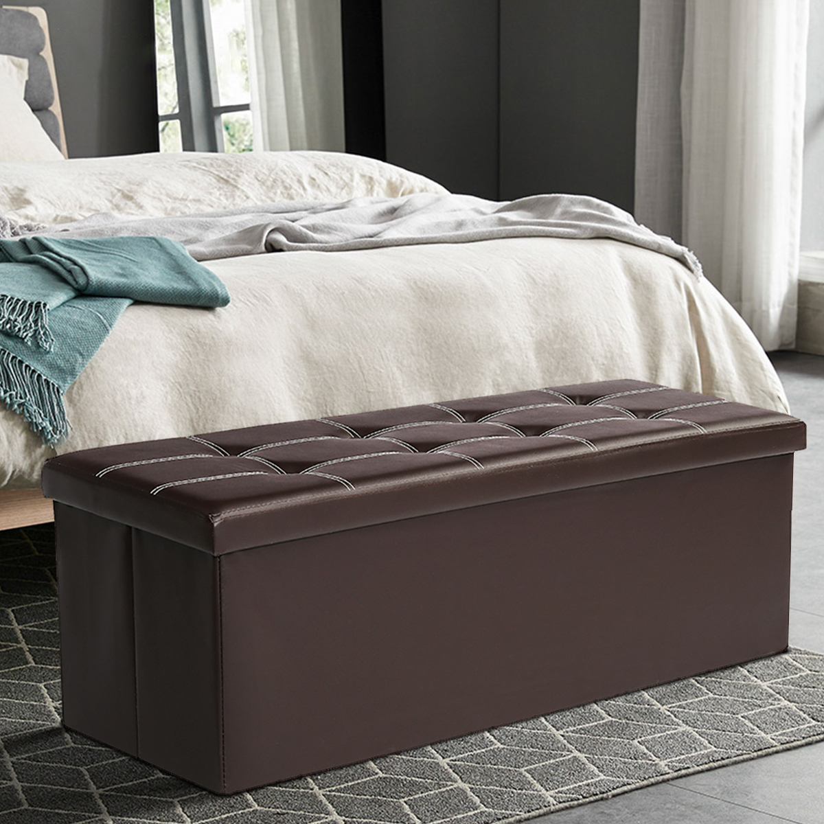 Costway 45''x15''x15'' Large Folding Storage Faux Leather Ottoman ...