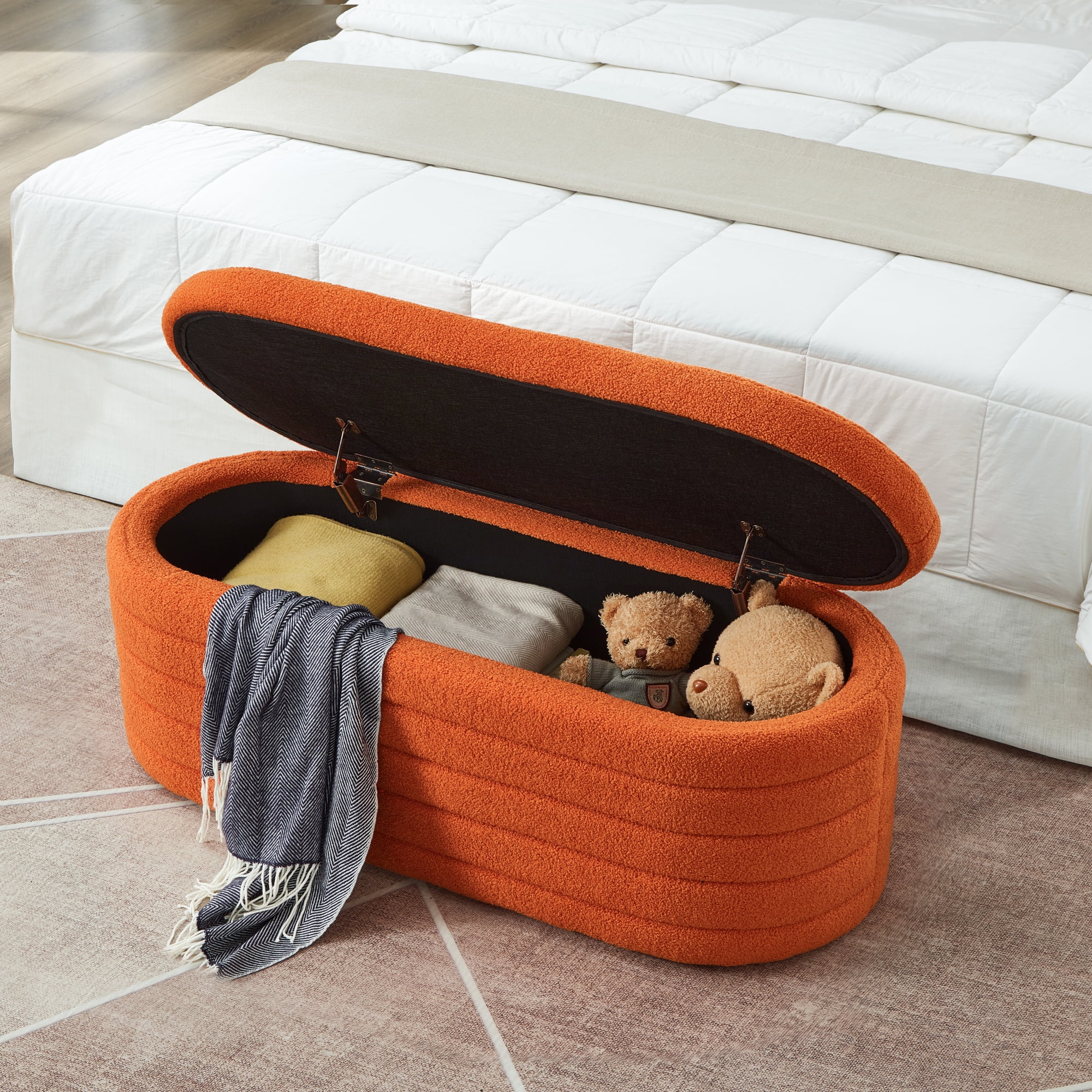 43" Oval Teddy Fabric Storage Bench – Black Plush Ottoman - Walmart.com