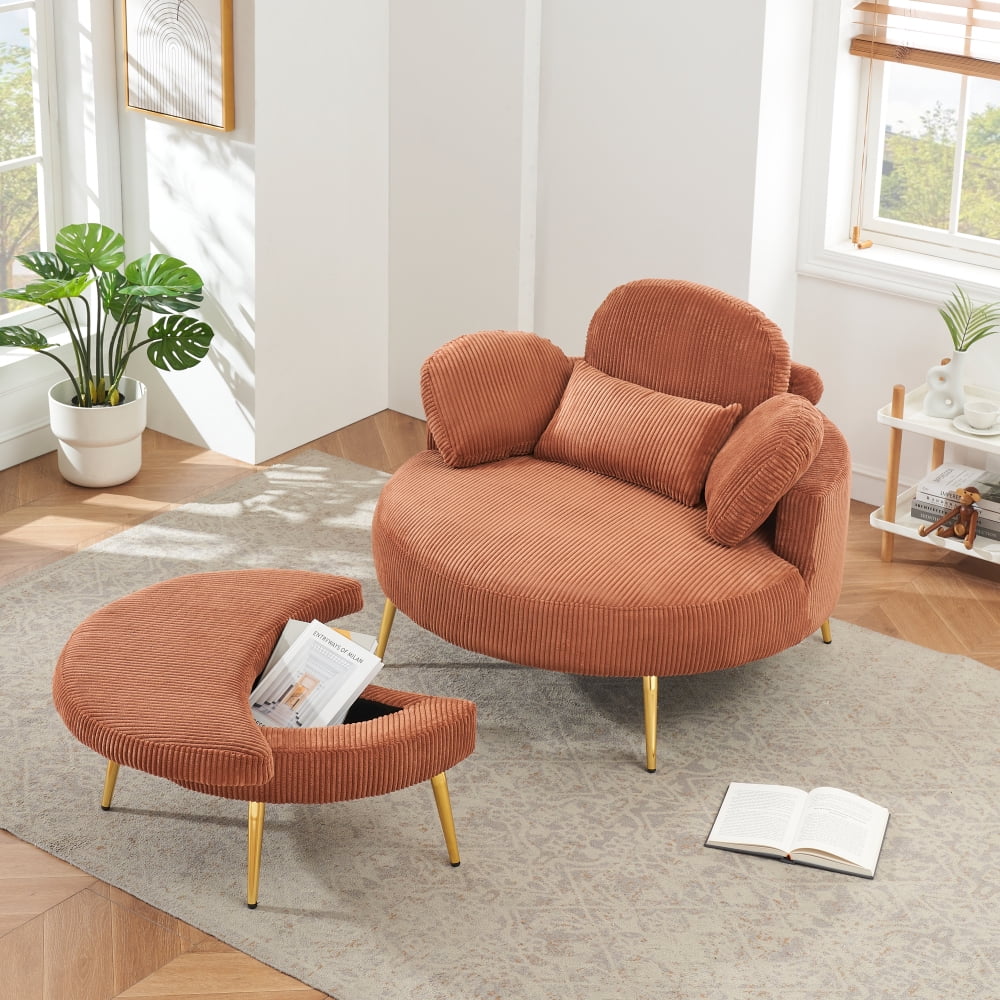 43" Oversized Round Chair with Moon Storage Ottoman,Comfy Corduroy ...