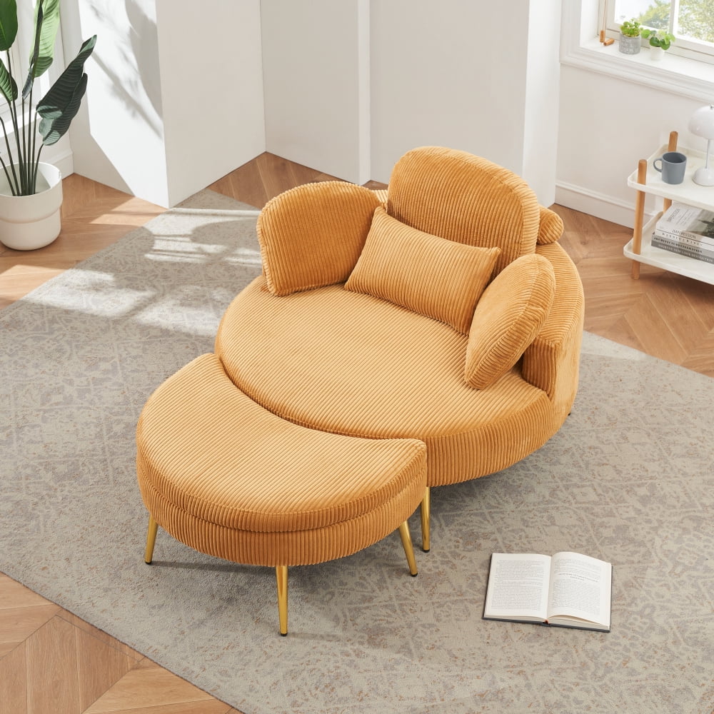 43" Oversized Round Chair with Moon Storage Ottoman,Comfy Corduroy ...