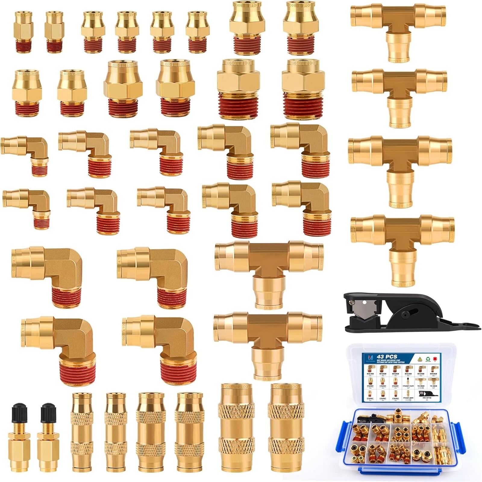 43 PCS Brass DOT Air Line Fittings Kit 1/4" 3/8" 1/2" 1/8" for Truck ...