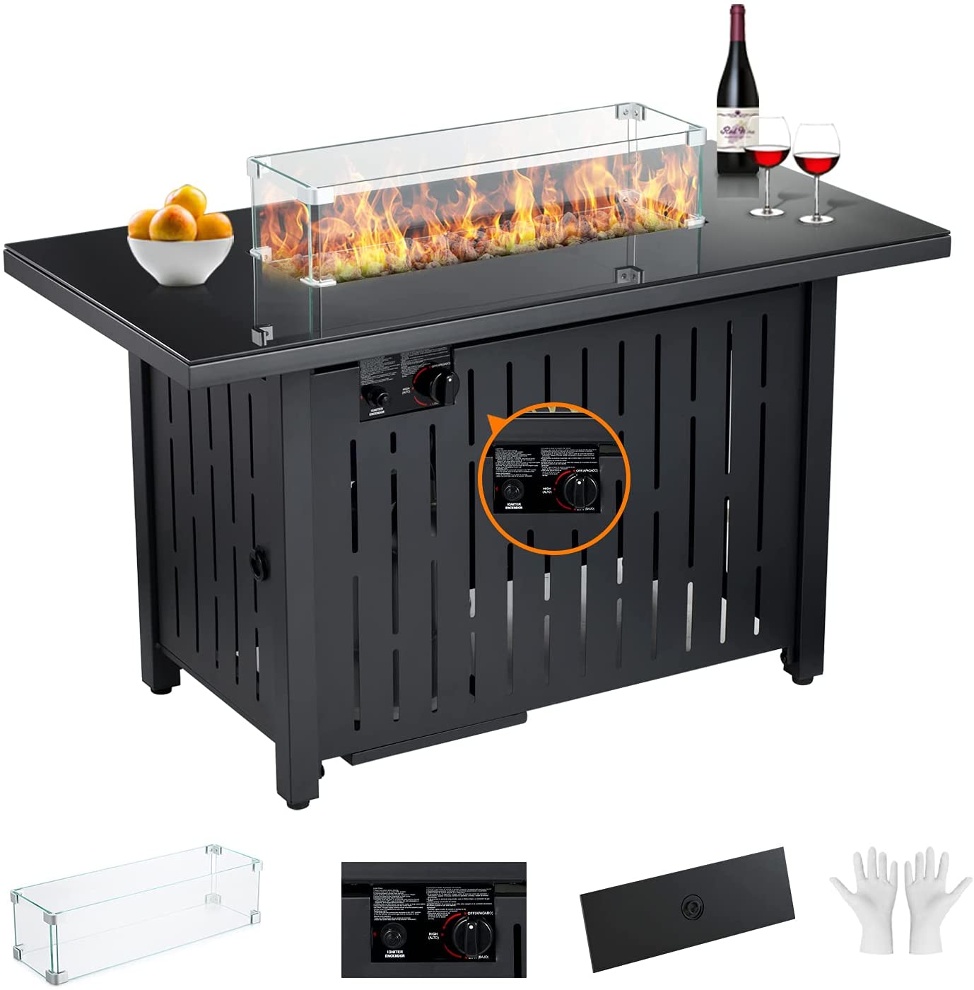 43 in Propane Fire Pit Table,Fire Pit Table with Glass Wind Guard ...
