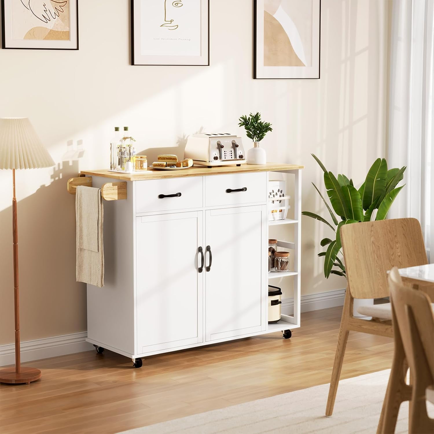 43" Rolling Kitchen Island Cart with Drop Leaf, Storage Cabinet, 2 Drawers, Spice Racks & Towel ...