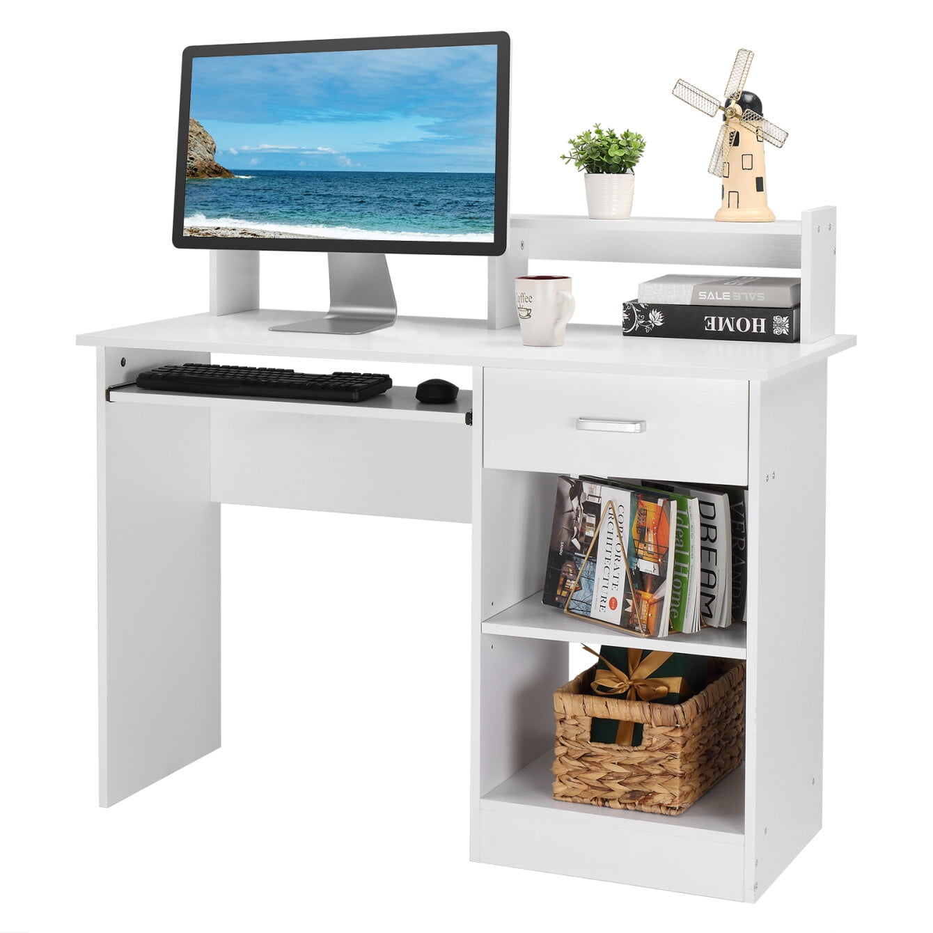 43" Small Office Desk,Gaming Desk with Drawers&Bookshelf,Computer Desk ...