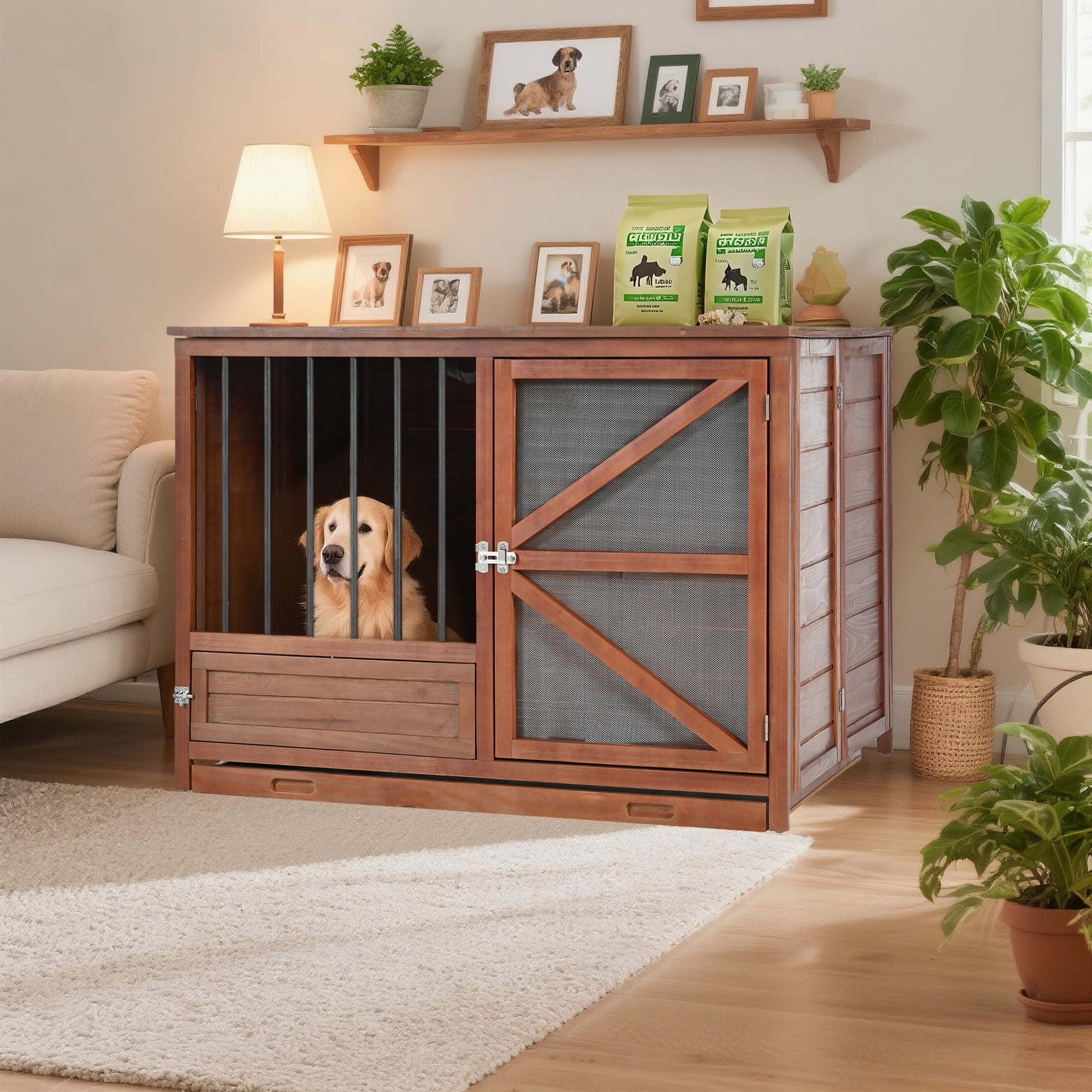 43" Solid Wood Dog Crate Furniture, Foldable Indoor Kennel with 360 ...
