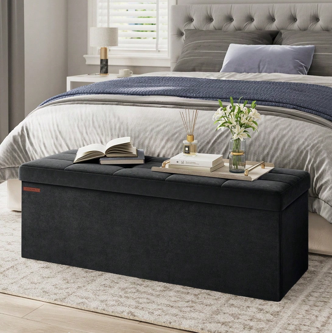 43" Storage Ottoman Bench Folding Velvet Footrest Stool 2 Extra Storage ...
