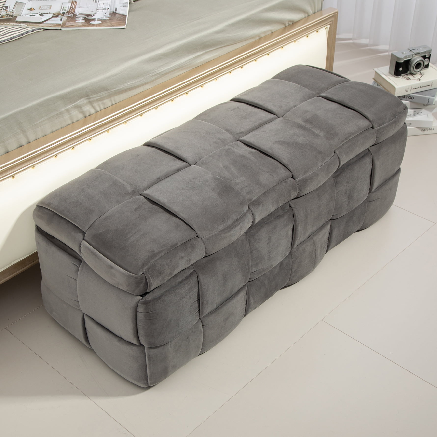 43'' Storage Ottoman Bench with Staggered Grid Design, Velvet Fabric ...