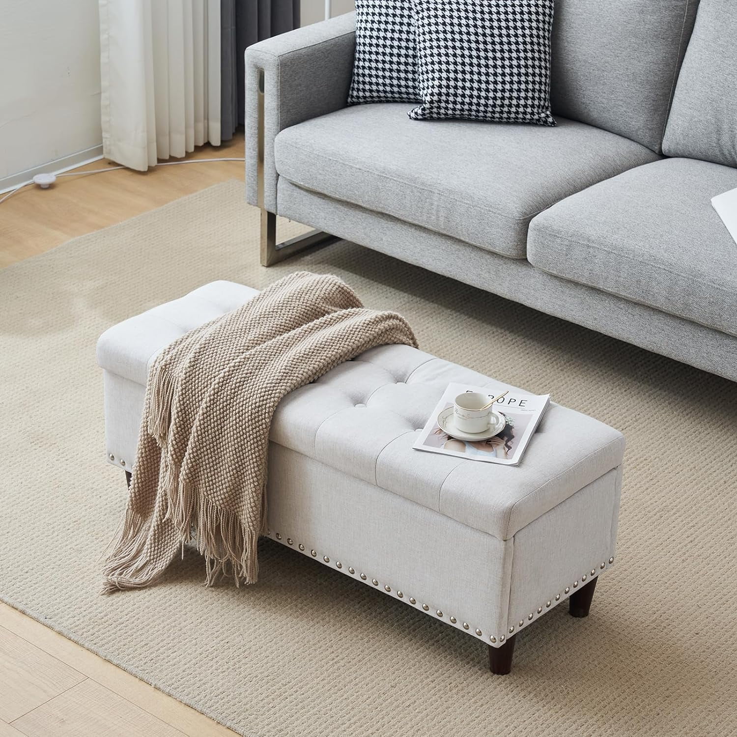 43" Storage Ottoman Tufted Bed End Bench with Organization Linen Fabric ...