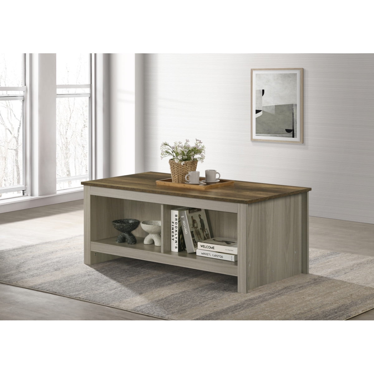 43"W Gray Oak Coffee Table with Open Shelves - Front & Back Shelves ...