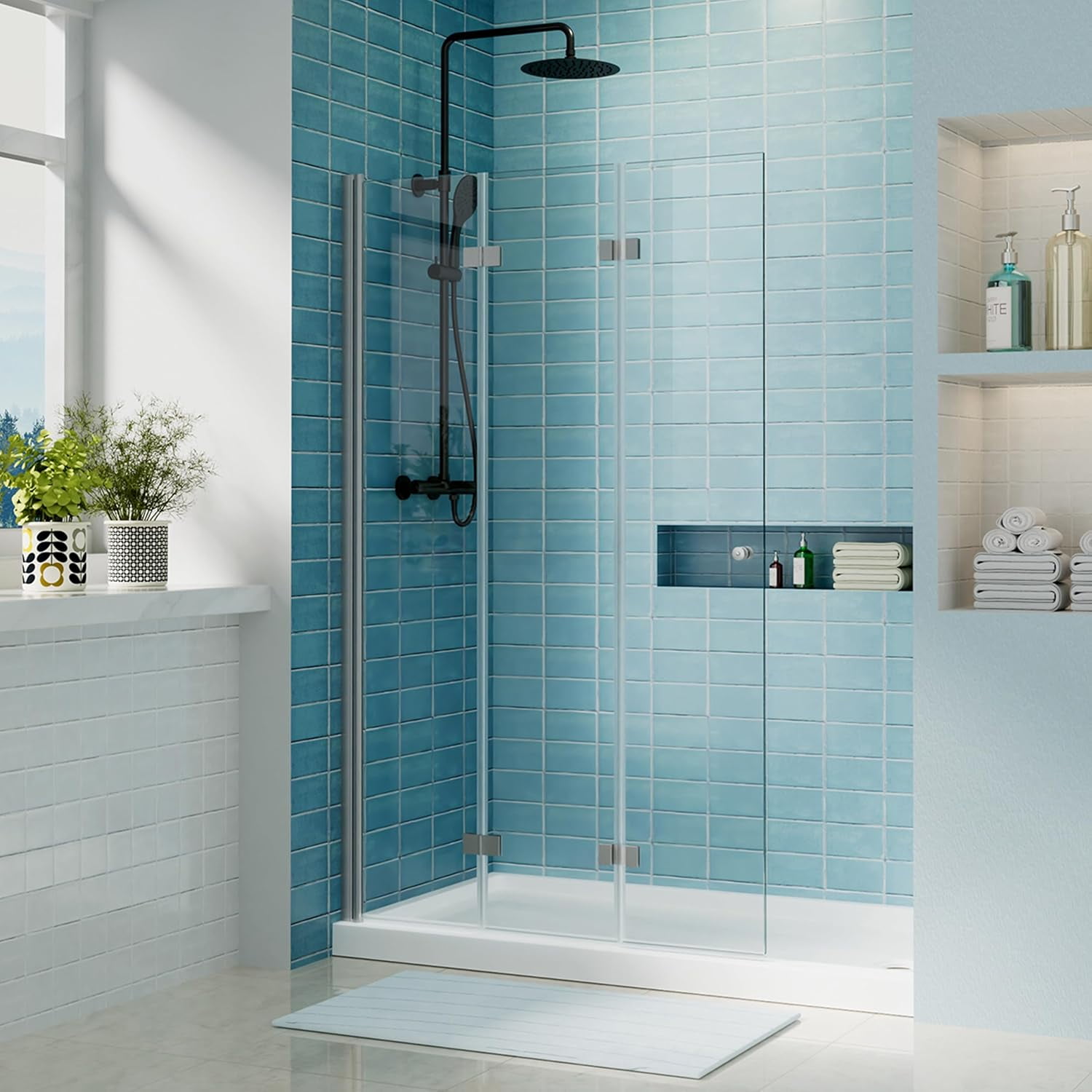 43" W X 72" H Frameless 3-Panel Folding Shower Screen, 1/4" Tempered Glass with Easy Clean ...